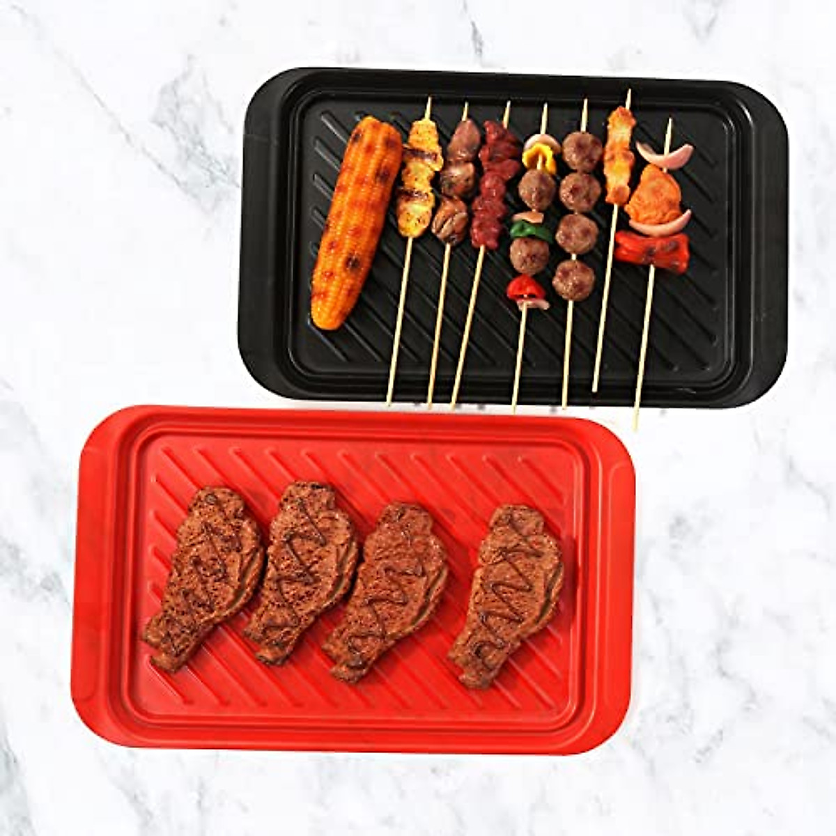 TP Serving Trays with Handles, BMC Grill Prep and Serving Platters for Outdoor, Parties and BBQ, Microwable Dishwasher Oven Safe Food Tray, Set of 2, Black and Red(17” x 10.5”)