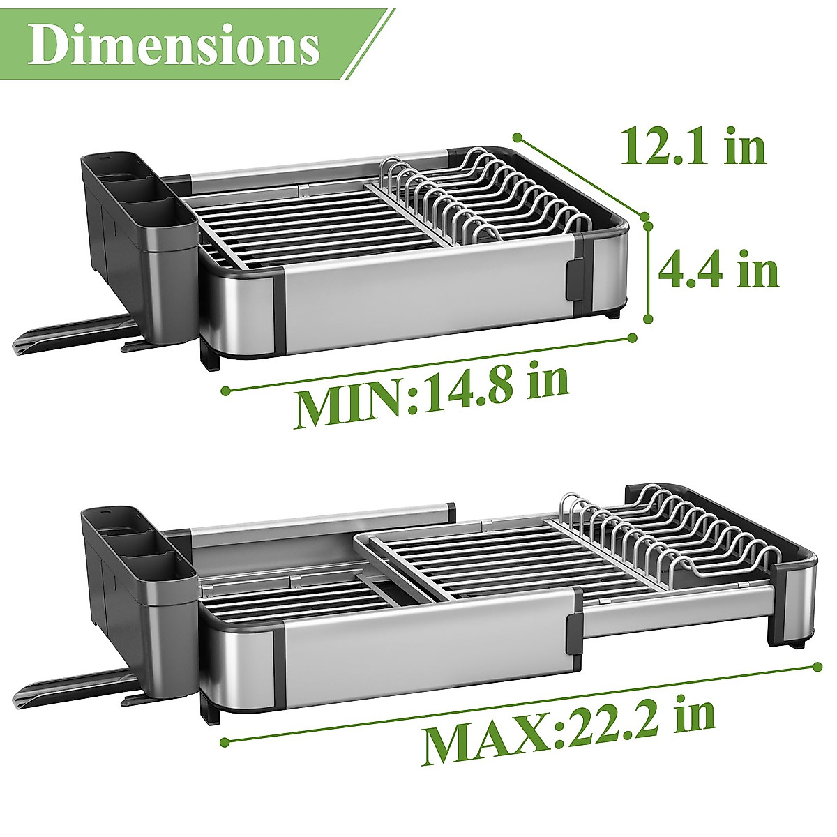 Dish Drying Rack, Kitchen Counter Dish Drainer Rack Auto-Drain, Expandable (14.8 to 22.2 inch) Rustproof Aluminium Large Sink Dish Strainer with Dish Drying Mat and Utensil Holder, Silver