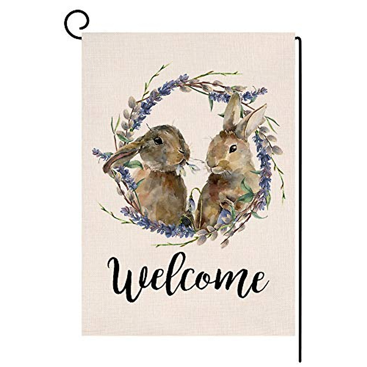 Spring Easter Bunny Lavender Welcome Garden Flag Vertical Double Sided Burlap Yard Rabbit Wreath Outdoor Decor 12.5 x 18 Inches