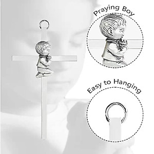 Christmas Gifts for Boy,Baby Baptism Wall Cross, Silver Blessing Christening Crosses, Baptismal Gifts from Godparents, First Holy Communion, Birthday, Baby Shower, White Display Box 4 Inch