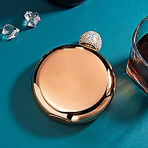 Booze Shot Flask for Women- AB Crystal Lid Creative 304 Stainless Steel Wine Alcohol Liquor Flask for Women Girls Men Party Hand size Hip Flask Glitter coating Whiskey Flasks-5OZ (Rose Gold)