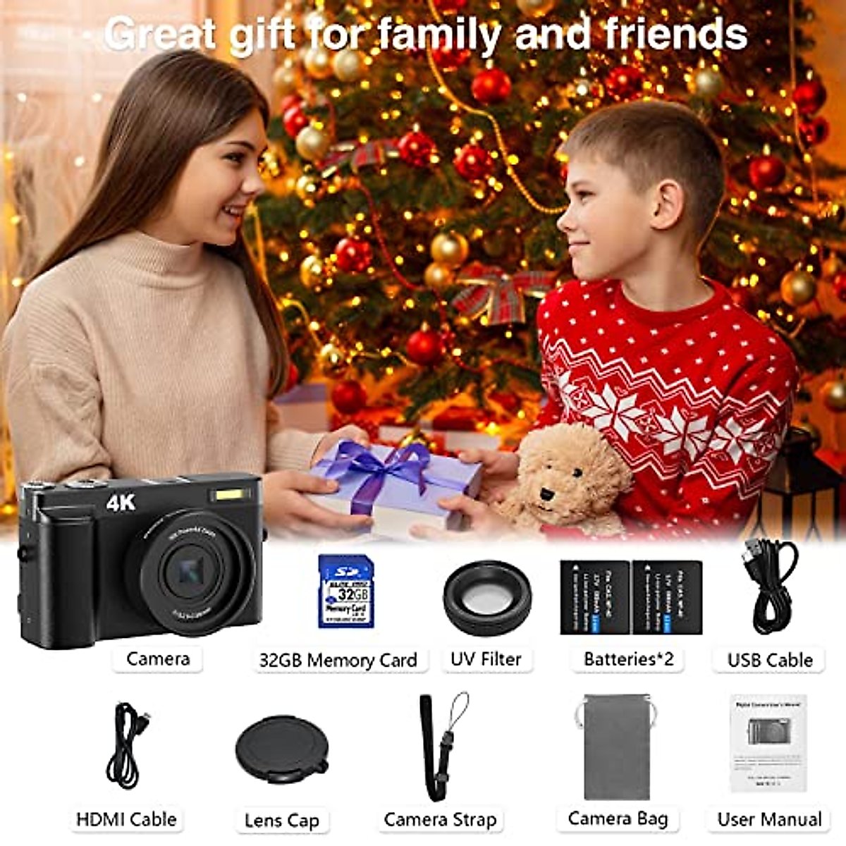 4K Digital Camera 60FPS Auto Focus 48MP Vlogging Video Camera 16X Digital Zoom Camera with 180°Flip Screen Anti-Shake Compact Camera for Beginner 32GB Memory Card