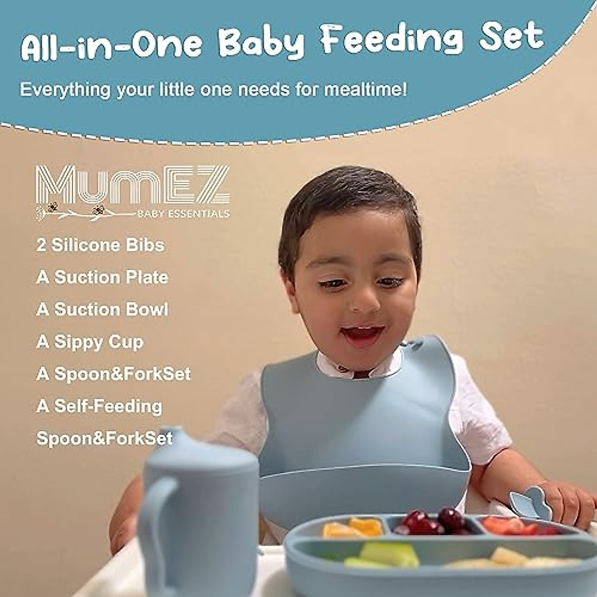 MumEZ Silicone Baby Feeding Set, Baby Led Weaning Supplies, 2 Pcs Adjustable Silicone Bibs, Baby Plates and Bowls with Suction, Baby Spoons Forks, Sippy Cup, Eating Utensils for 6+ Month(Ether)