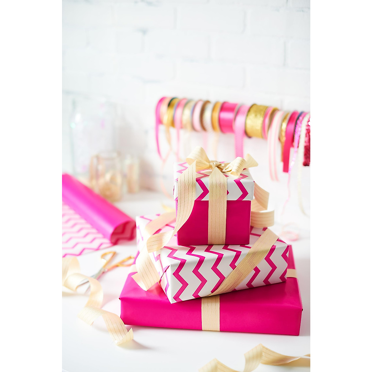 American Greetings Reversible Wrapping Paper Jumbo Roll for Graduation, Birthdays and All Occasions, Pink and Chevron (1 Roll, 175 sq. ft.)
