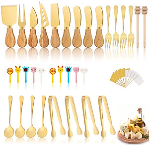 Cheese Knife Set Gold Charcuterie Board Accessories Wooden, Serving Utensils Wood Handle Butter Spreader Knives Kit With Mini Tongs, Spoon, Fork, Flags Markers, Honey Dipper And Food Picks (25 Pieces)