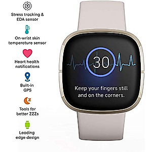 Fitbit Sense Health & Fitness Smartwatch W/ GPS, Bluetooth Call/Text, Heart Rate SpO2, ECG, Skin Temperature & Stress Sensing (S & L Bands, 90 Day Premium Included) International Version (White/Gold)