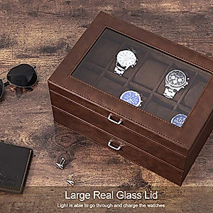 BEWISHOME Watch Box Luxury Watch Case -10 Slots Watch Organizer for Men with Drawer, Large Glass Top, Faux Leather,Brown SSH34Z