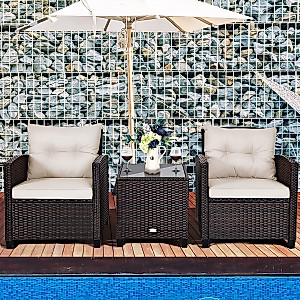 Tangkula 3 Pieces Patio Furniture Set, PE Rattan Wicker 3 Pcs Outdoor Sofa Set w/Washable Cushion and Tempered Glass Tabletop, Conversation Furniture for Garden Poolside Balcony (White)