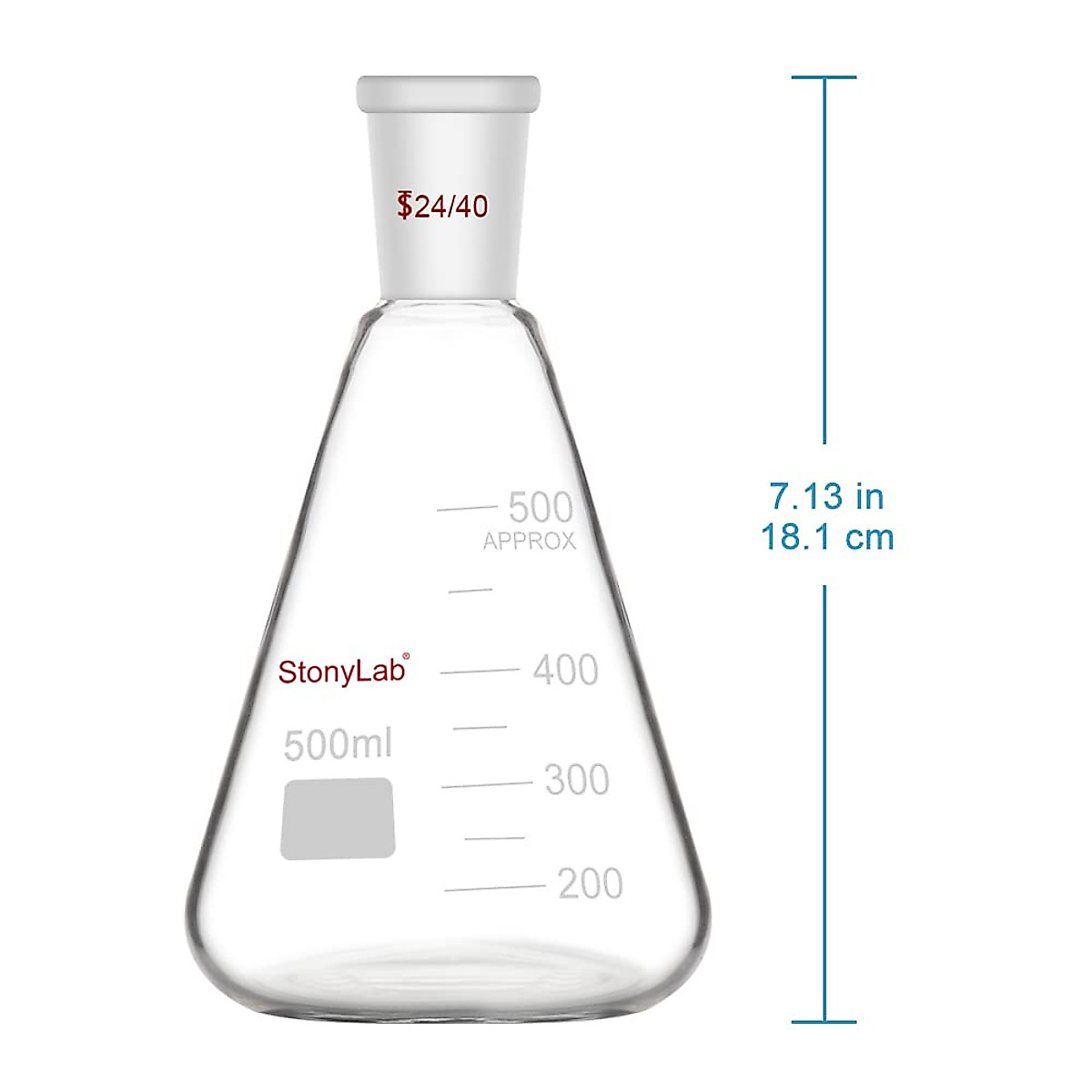 StonyLab Glass 24/40 Erlenmeyer Flask, Borosilicate Glass Heavy Wall Flask with 24/40 Standard Taper Outer Joint, 500ml
