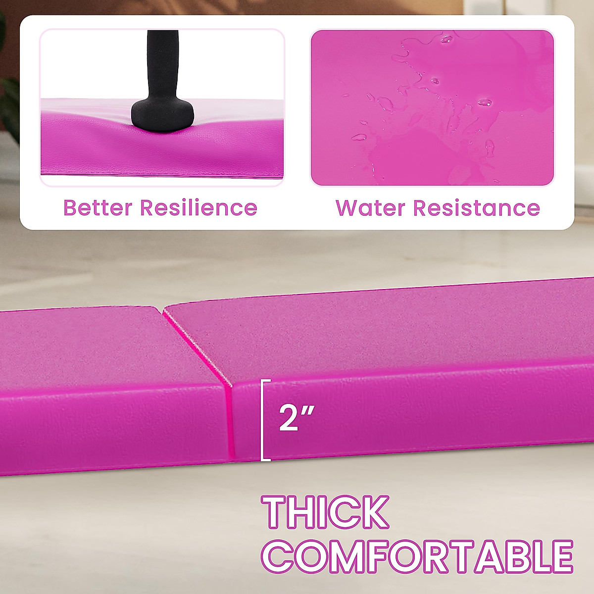 Signature Fitness 2" Thick Three Folds Folding Exercise Mat with Carrying Handles for MMA, Gymnastics and Home Gym Protective Flooring, Pink