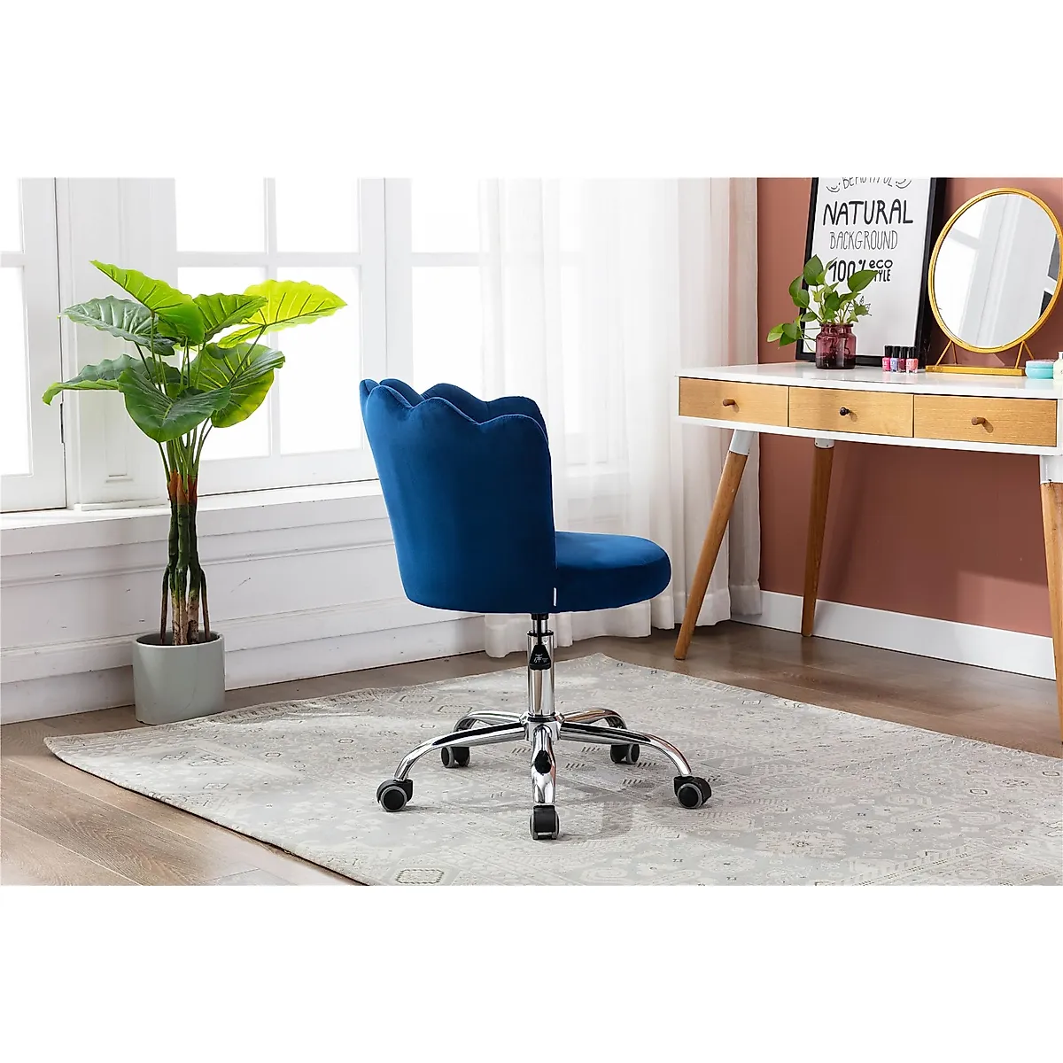 Swivel Shell Chair for Living Room & Bedroom - Modern Leisure Velvet Office Chair with Curved Backrest, Adjustable Lift Seat, Five-Star Base with Casters for Mobility, Metal & PolyWood Frame (Navy)