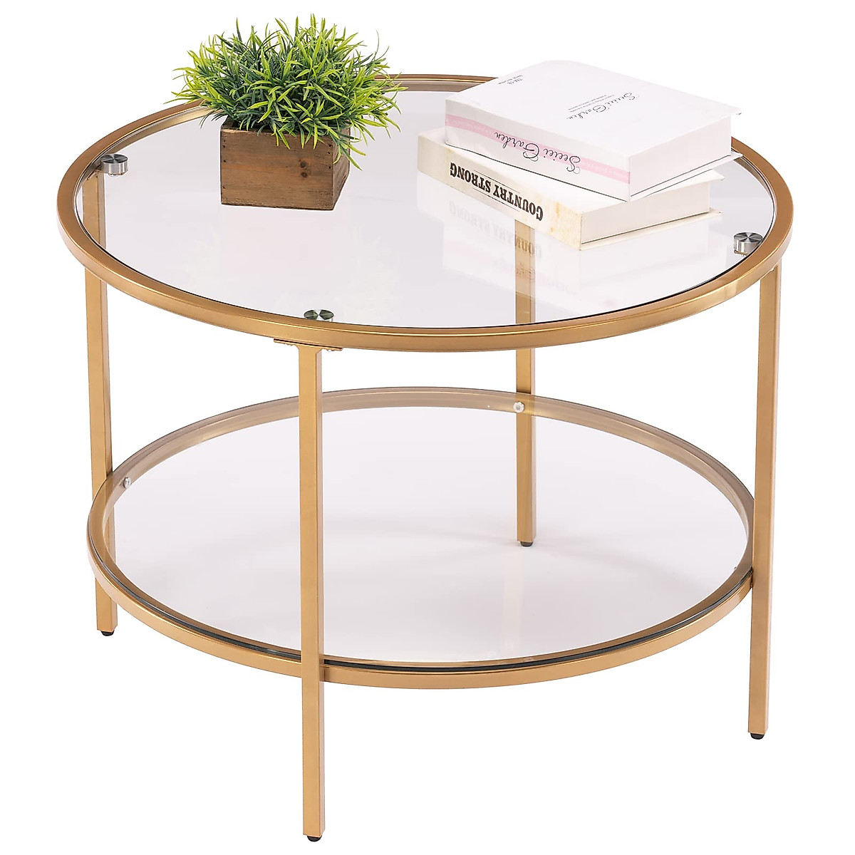 VINGLI 25.6" Round Gold Coffee Tables for Living Room, 2-Tier Glass Top Coffee Table with Storage Clear Coffee, Simple & Modern Center Table for Small Space