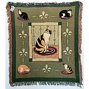 Cat Gallery Giftable Fringed Woven Tapestry Afghan/Throw Blanket or Wall Hanging (51" x 68") 100% Cotton Featuring Fat Cat/Black&White Cat/Orange&Black Tiger Cat/Ginger & White Cat -Made in The USA