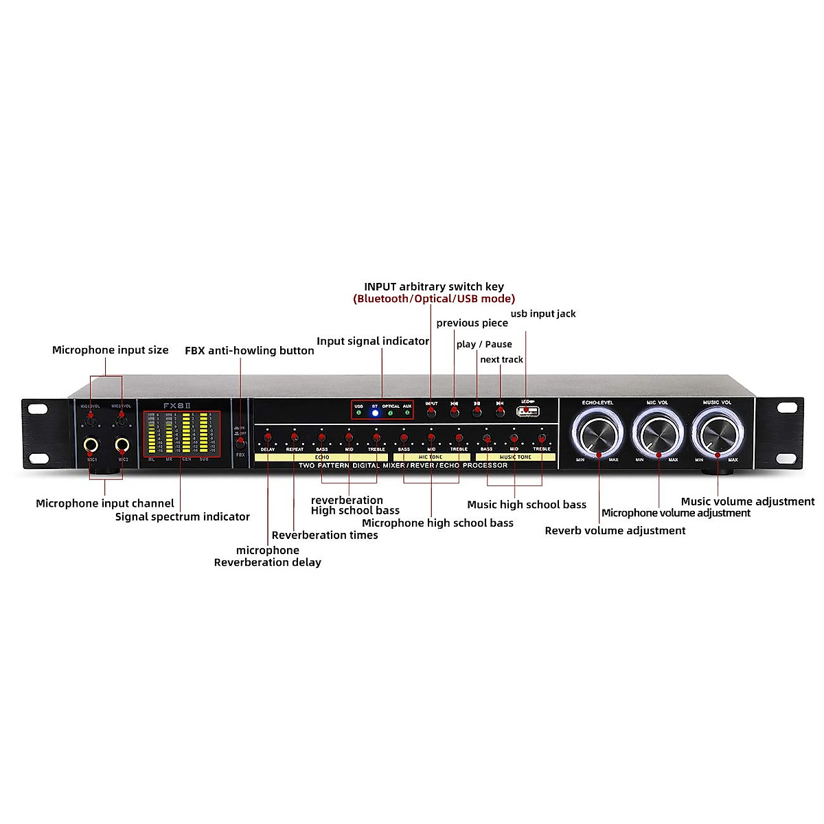 Depusheng REV3900 Professional KTV Pre-effector Household Reverberator Karaoke Anti-howling Audio Processor USB Bluetooth Device