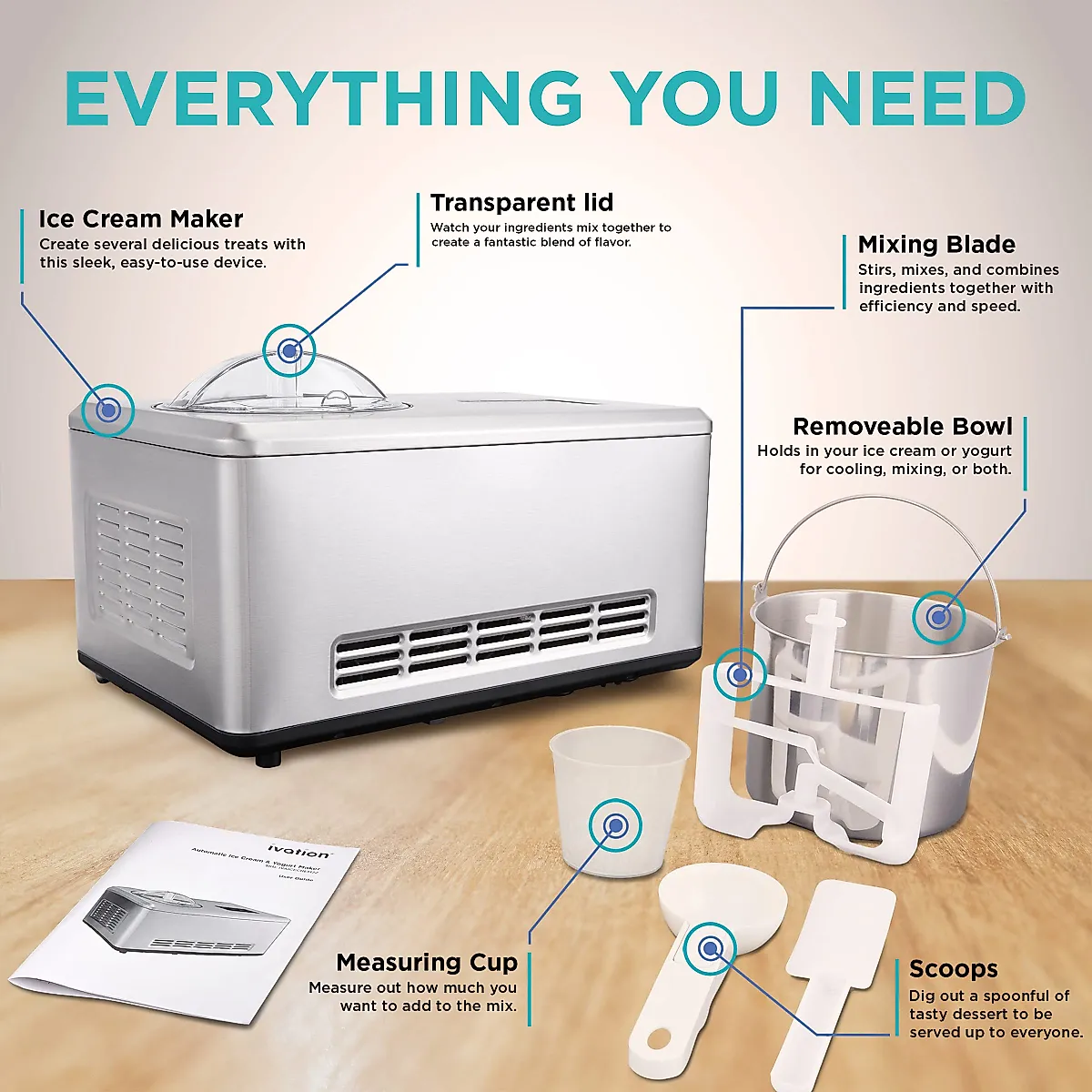 Ivation Automatic Ice Cream Maker Machine, No Pre-freezing Necessary with Built-in Compressor, Stainless Steel Gelato & Yogurt Machine, LCD Touchscreen Control, 2 Qt