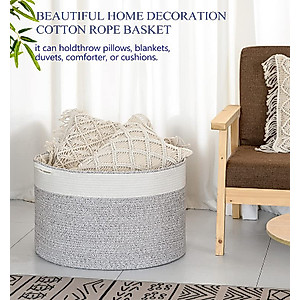 Large Cotton Rope Basket, Blanket Basket 22" x 22" x 14" Woven Cotton Rope Basket Toy Basket Soft Storage Basket White & Navy Blue