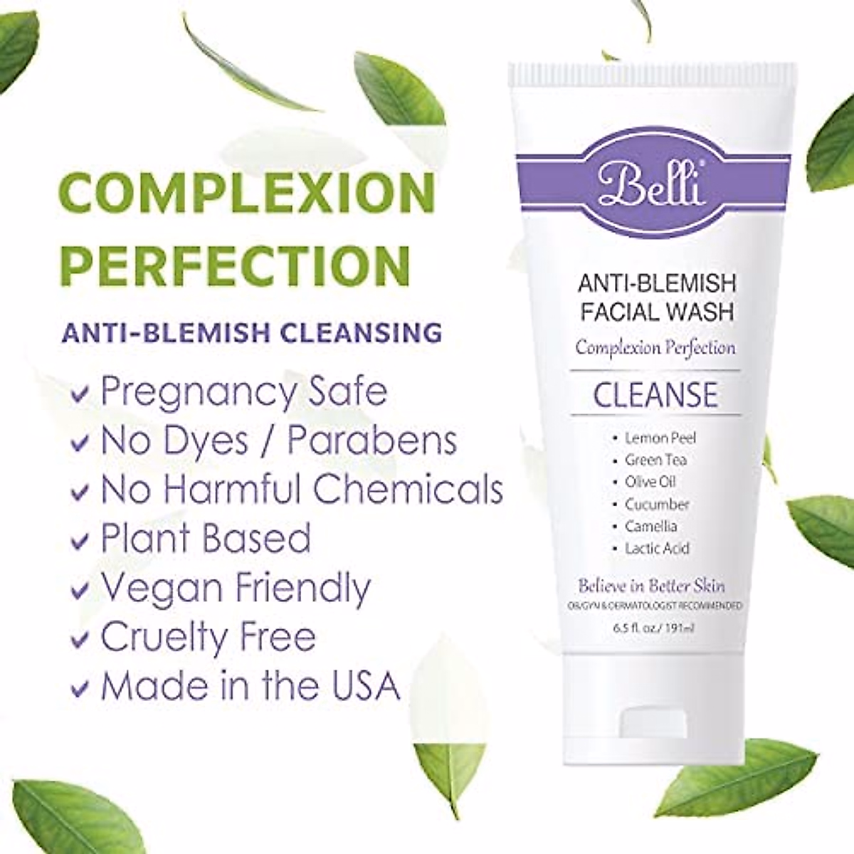 Belli Skincare Anti-Blemish Facial Wash Gel Cleanser | Anti Acne for sensitive skin, pregnancy safe, Natural Extract Face Wash for All skin types | 6.5 Ounce