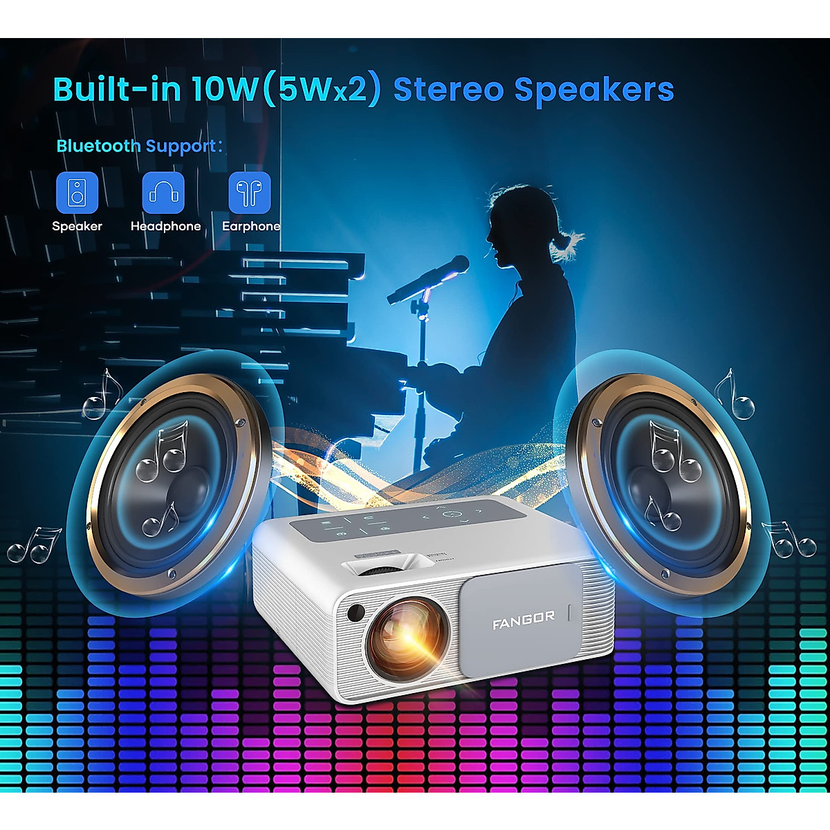 FANGOR 4K Supported Projector with 5G WiFi and Bluetooth - HD 900 ANSI 1080P Native Projector for Outdoor Movies, Home Video Projector with 4P Keystone 50% Zoom Supports TV Stick/Roku/Laptop/Phone