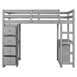 Polibi Twin Over-Twin Bunk Bed with Built-in Desks, Drawers and Shelves, Twin Size Wooden Loft Bed with 4 Storage Drawers, Desk, Shelves and Bottom Platform Bed (Grey)