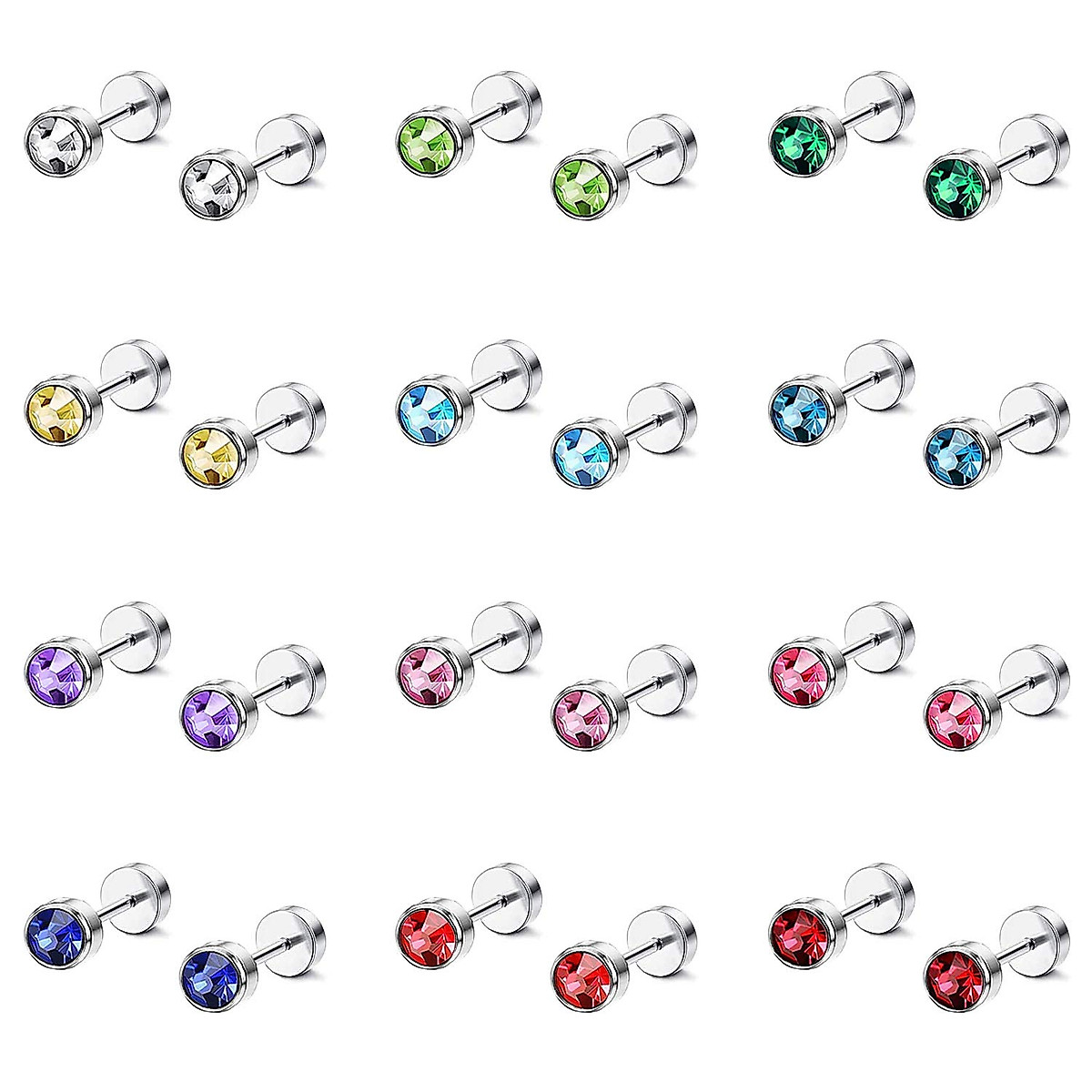 ZS 12 Pairs CZ Ear Stud Mixed Colors Cartilage Earrings Set Stainless Steel Barbell Studs Earrings Helix Tragus Piercing (Butterfly Push Backs,20g(0.8mm))