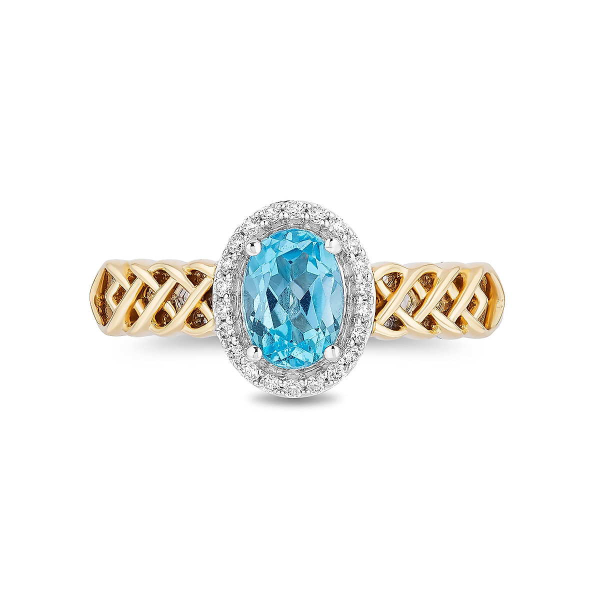 Jewelili Enchanted Disney Fine Jewelry Sterling Silver and 10K Yellow Gold with 1/10 CTTW Diamond and Swiss Blue Topaz Brave 10th Anniversary Collectors Merida Halo Ring