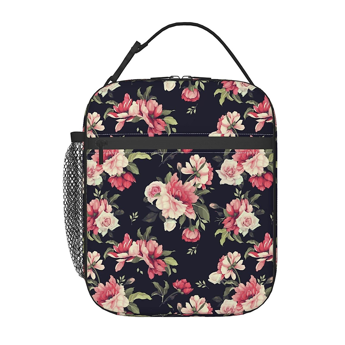 YETTA YANG Flower Floral Cute Black Pink Portable Lunch Bag Insulated Lunch Box Reusable Totes For Women Men Work Picnic Camping