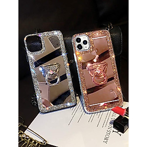 LUVI Compatible with iPhone 15 Pro Max Mirror Bling Case with Ring Cute Glitter Diamond Rhinestone Holder Loopy Finger Grip Kickstand Stand Luxury Fashion Cover for Women Girls Silver
