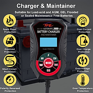 TPE Smart Battery Charger, 2 Amp Automatic Battery Charger 6V 12V Battey Charger Maintainer