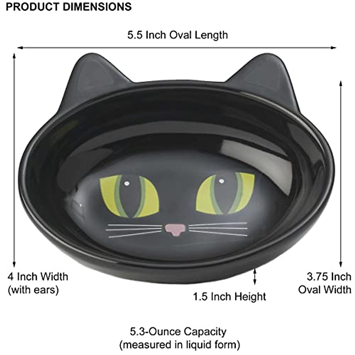 PetRageous 10011 Oval Frisky Kitty Stoneware Cat Bowl 5.5-Inch Wide and 1.5-Inch Tall Saucer with 5.3-Ounce Capacity and Dishwasher Safe is Great for Cats, Black
