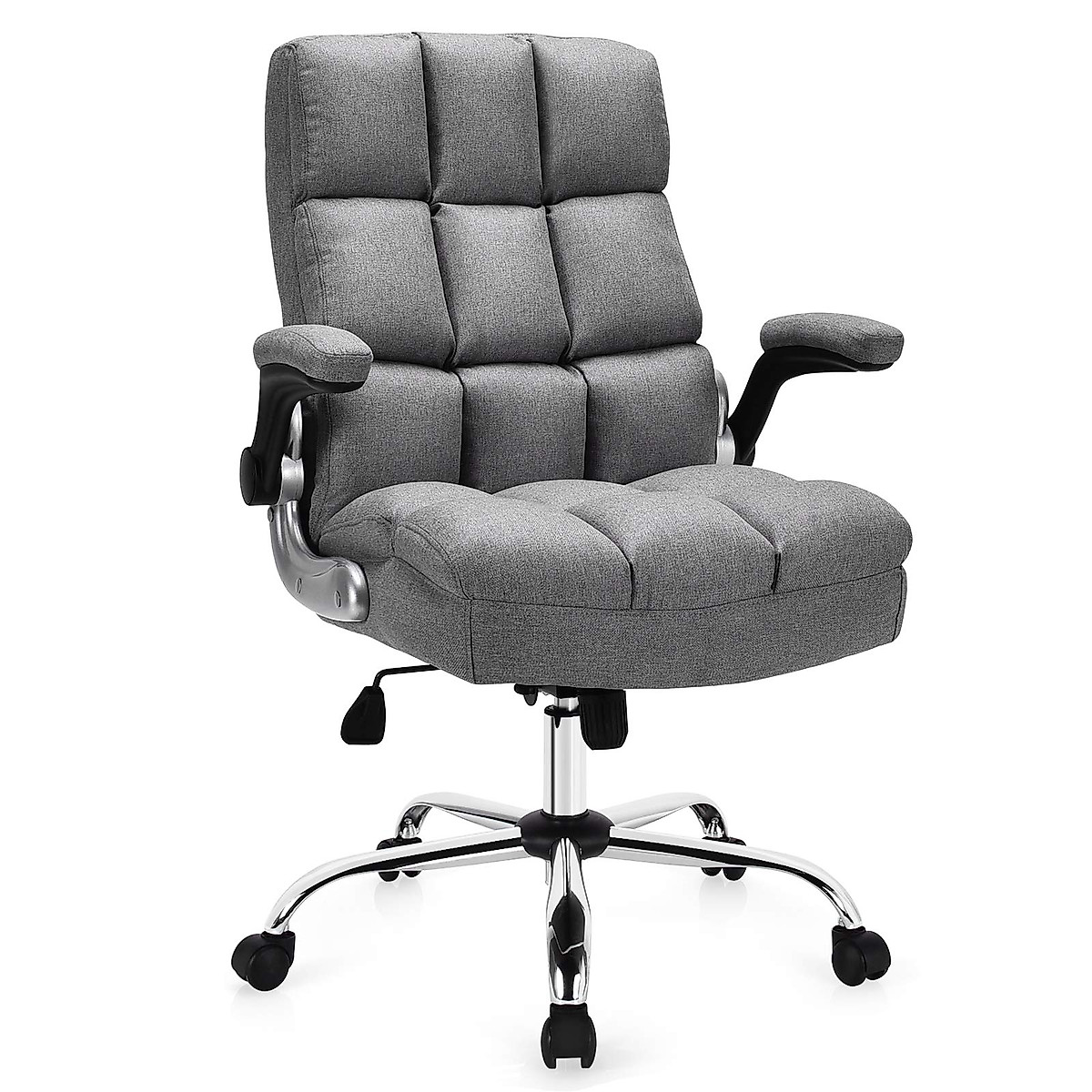 Giantex Executive Office Chair, Big and Tall Ergonomic Computer Chair, Adjustable Tilt Angle and Flip-up Armrest Linen Fabric Upholstered Chair with Thick Padding, High Back Managerial Chair (Grey)
