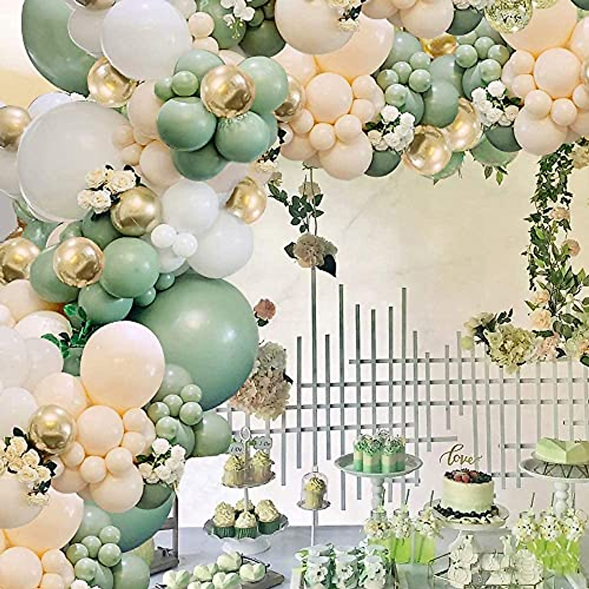 Sage Green Balloon Garland Kit - 125Pcs Eucalyptus Garland, Retro Olive Green, Peach White and Gold Latex Balloons Arch Kit for Wedding Birthday, Baby & Bridal Shower Decorations