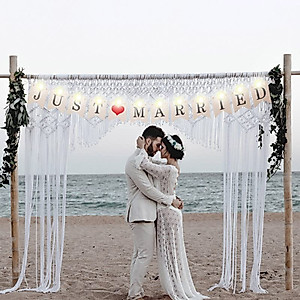 Just Married Banner, Wedding Bunting Banner with 8 Flicker Mode LED Fairy String Light, Hanging Sign Garland Pennant Photo Booth Props for Bridal Shower Wedding Engagement Car Party Decoration