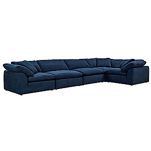 Sunset Trading Contemporary Puff Collection 5PC Performance Fabric Washable Water-Resistant Stain-Proof Navy Blue Slipcovered Modular L-Shaped Sectional Sofa, 176" Deep-Seating Down-Filled Couch