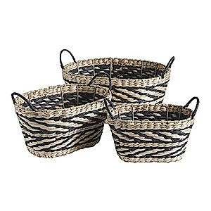Motifeur Water Hyacinth and Paper Handwoven Basket (Assorted Set of 3, Beige and Black)