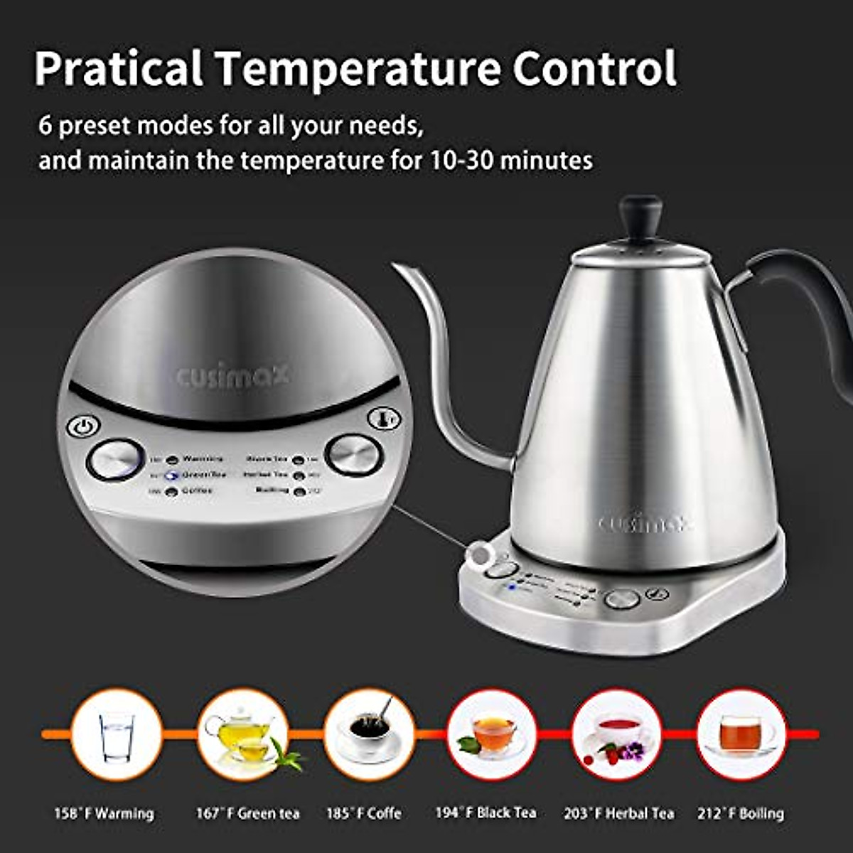 CUSIMAX Gooseneck Kettle, 1000W Electric Kettle 1L, Variable Kettle with 6 Temperatures Pour Over for Drip Coffee and Tea, Stainless Steel Kettle with Auto Keep Warming and Boil-Dry Protection