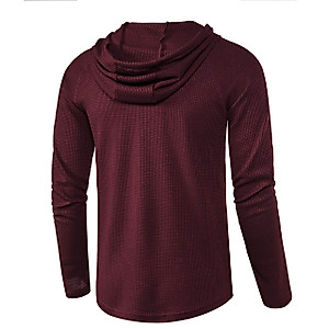 DELCARINO Men's Causal Pullover Hoodie Lightweight Solid Color Hooded Sweatshirt Tops Long Sleeve Waffle-Knit Henley Shirt (Large, Wine)