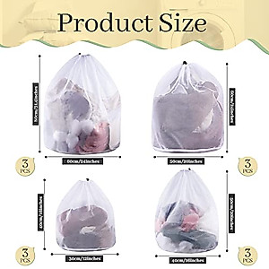 12 Pcs Mesh Laundry Bag with Drawstring White Heavy Duty Mesh Bag Machine Washable Sheet Drawstring Bag Net Wash Bag Laundry Washing Bag for Delicates College Dorm (Fine Style)