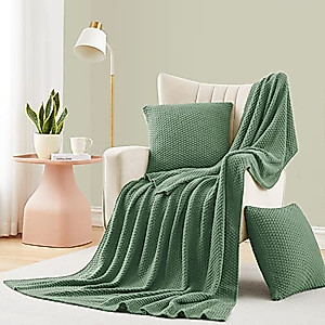 TREELY 3 Piece Sage Green Knit Throw Blanket Set,Warm Knitted Blankets 50" x 60" and 2 Square Pillow Covers 18" x 18", Decorative Throw Blankets for Couch Sofa Bed Living Room