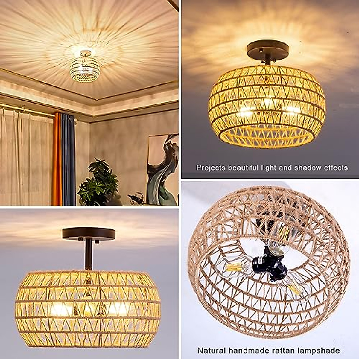 Rattan ceiling light With natural Woven，3-Lights Semi Flush Mount Ceiling Light,twine with Woven Lamp Shade,size 10*12",Boho Ceiling Light Fixtures for Kitchen Dining Room Bedroom Hallway Guesthouse