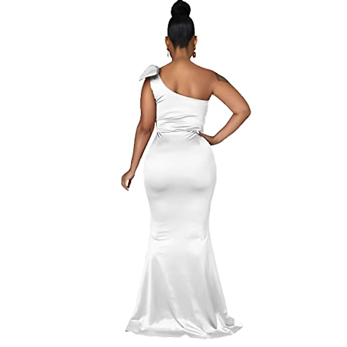 FairyLove Women's Fashion Ruched Bodycon Dress Sleeveless One Shoulder Wrap Satin Belted Cocktail Midi Dresses White