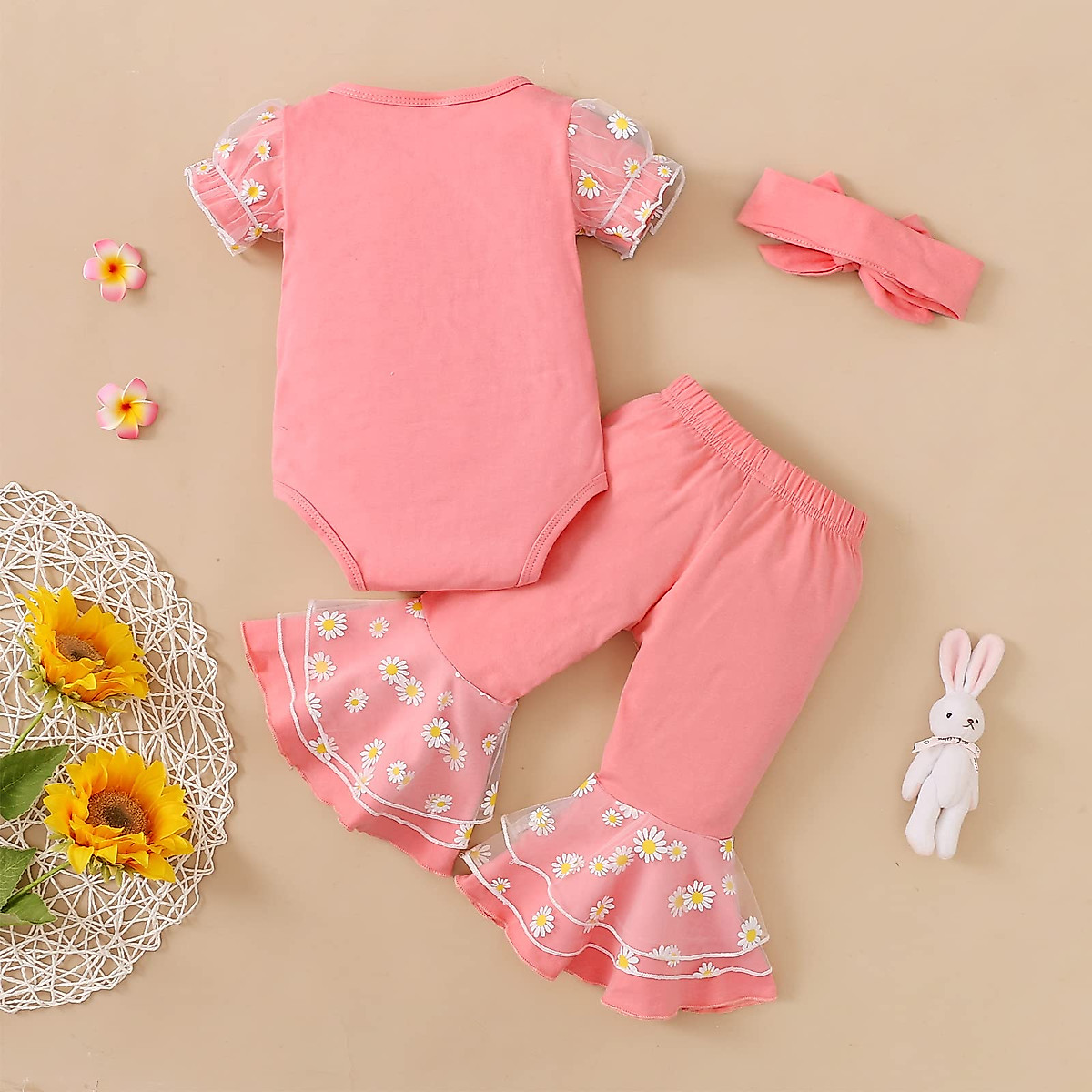 MIEKISA baby girls rompers flared pants suits headband free (Pink, 6-12 Months)