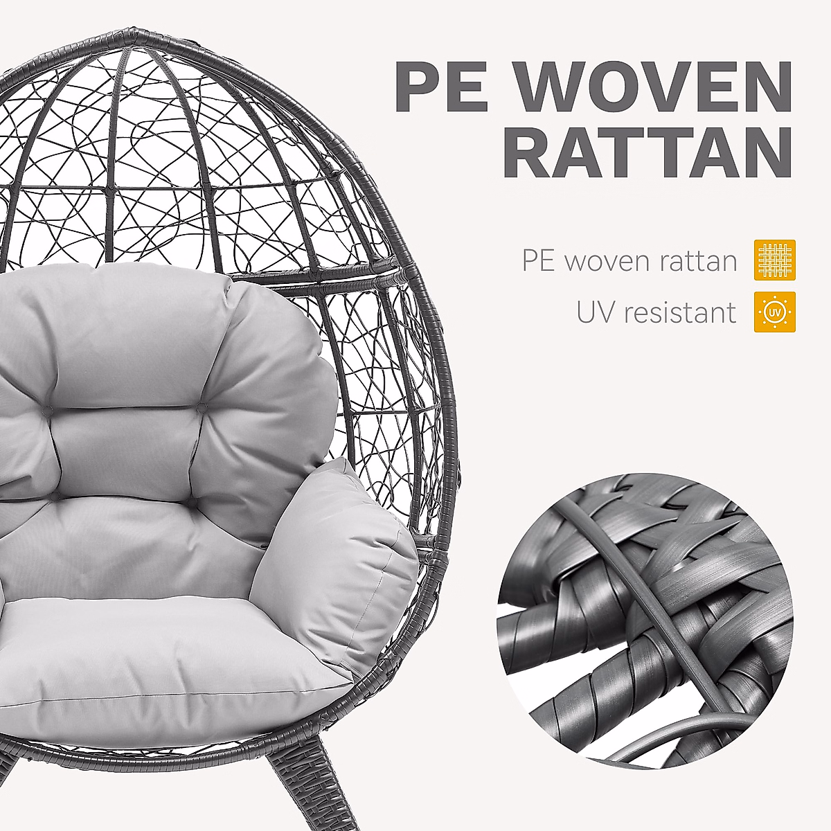 DWVO Egg Chair Patio Rattan Chair with Stand Anti-Slip All-Weather Poratble Adjustable Chair Feet Wicker Egg Lounger Chair for Indoor Outdoor 330LBS (Grey)