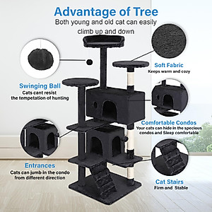 FDW Cat Tree 54in Cat Tower Multi-Level Durable Cat Scratching Post & Cozy Fun Cat Jumping Platform Space Saving Cat Condo Pet Play House for Indoor Cats,Dark Gray