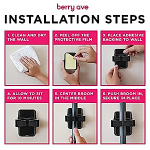 Berry Ave Broom Holder & Mop Grippers [5-Pack]- Self Adhesive, No-Drilling, Wall Mount Tool Organizers For Kitchen, Garage, Laundry Room- Anti-Slip Hanger For Brooms, Mops, Rakes, Dustpans- Black