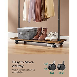 SONGMICS Clothes Rack with Wheels, Middle Rod Clothing Rack for Hanging Clothes, 38.8 Inches Garment Rack with Shelf, Height Adjustable, Loads up to 121 lb, Rustic Brown and Ink Black UHSR153B01