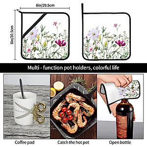 Floral Wildflower Flower Field Pot Holders Set Heat Resistant Non Slip Oven Hot Pads with Hand Pockets and Hanging Loops for Kitchen Baking Cooking,Set of 2