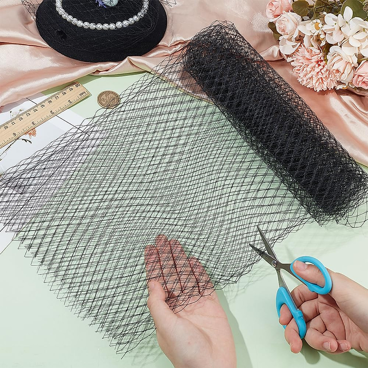 BENECREAT 1 Yards Birdcage Veil Netting Fabric, 39inch Black Russian Millinery Netting Tulle Fabric Mesh Hat Veil for Wedding Decor, DIY Bridal Veil Dress