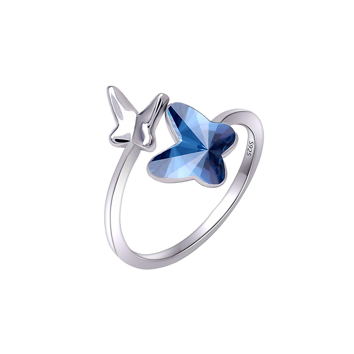 AOBOCO Morpho Helena Butterfly Ring Sterling Silver Women Ring Embellished with Crystals from Austria, Adjustable Open Ring, Anniversary Birthday Butterfly Jewelry Gifts for Girlfriend Mom Wife(Blue)