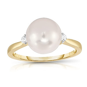 KOKAV 9mm Freshwater Pearl with 1/20 Ct diamonds Elegant Ring in 14K Yellow Gold, Size 7