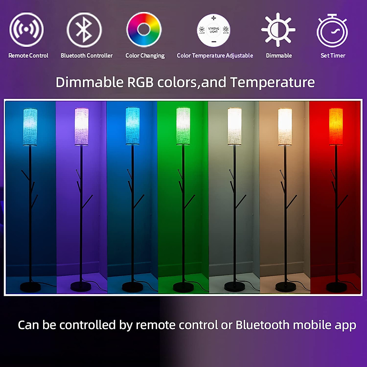 Floor Lamps with Coat Rack, Standing Lamp with Hanger Simple Design,Modern Floor Lamp with Shade Pedal Switch and Remote Control Smart LED RGB Bulb Included for offic;Bedroom;Living Room.